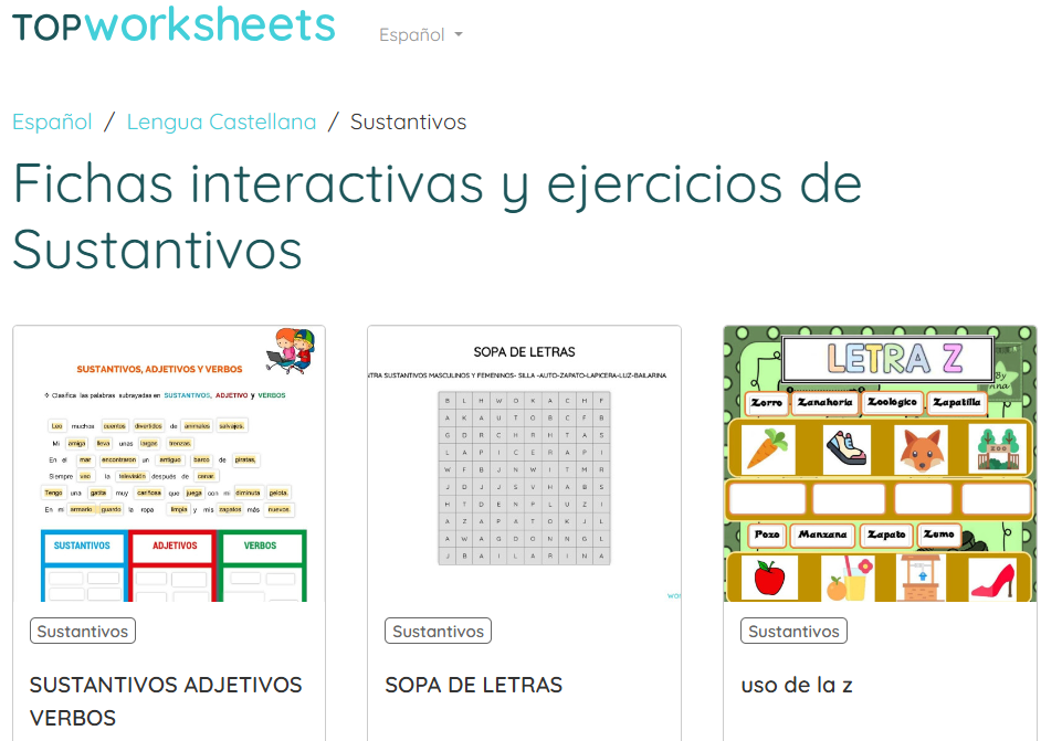 SUSTANTIVOS: FICHAS INTERACTIVAS | Recursos Interactivos para Lengua de ...